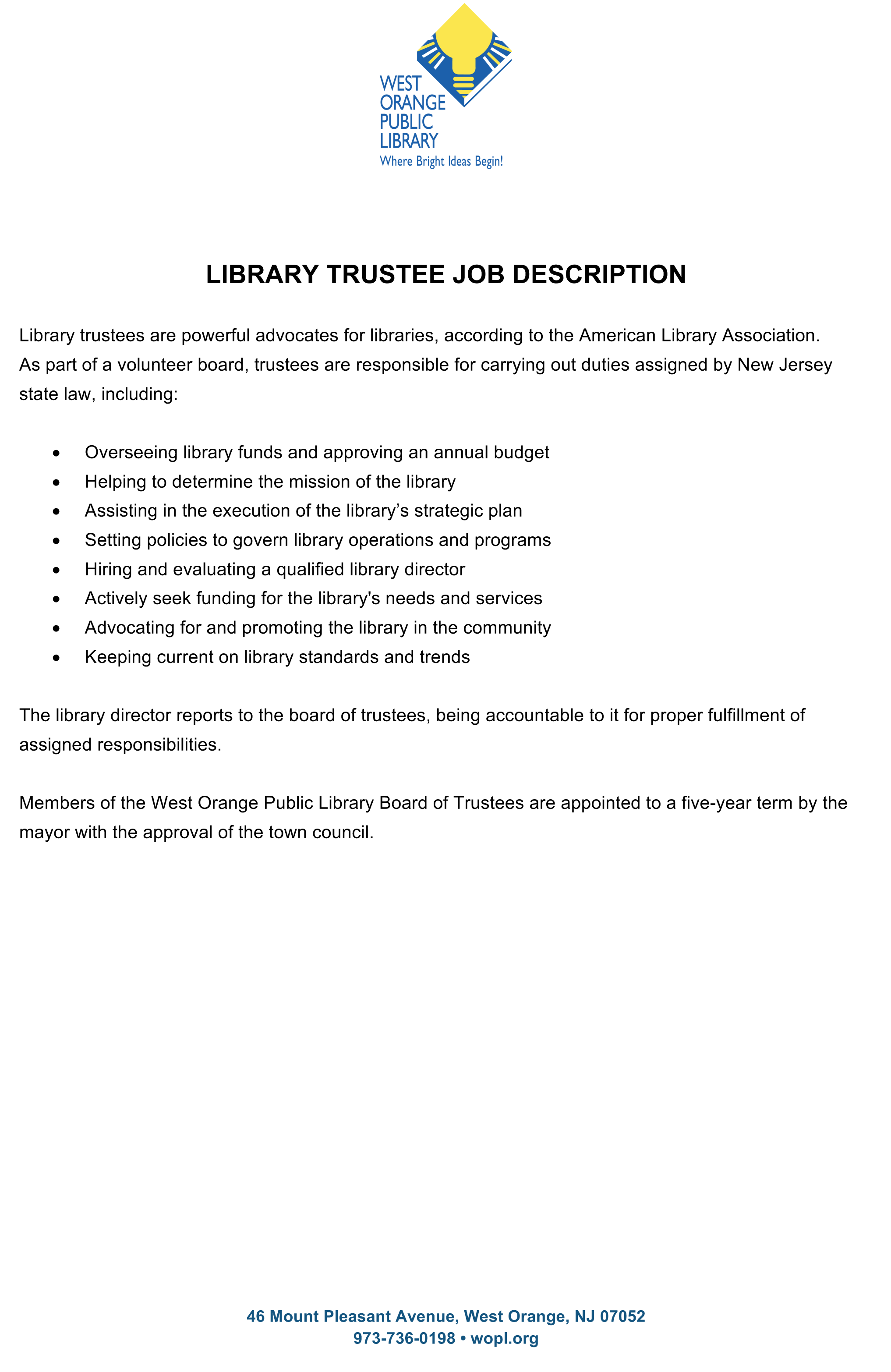 Trustee Application | West Orange Public Library